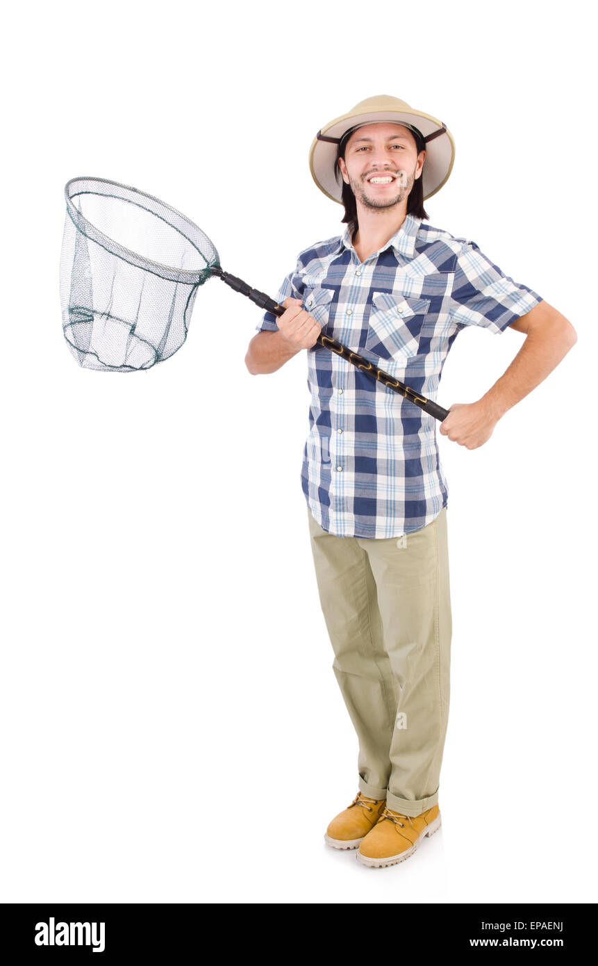Funny guy with catching net on white Stock Photo - Alamy