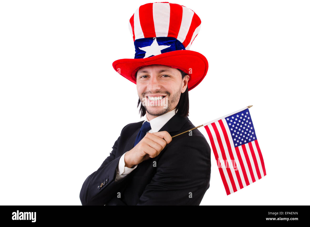 Man with american flag isolated on white Stock Photo - Alamy