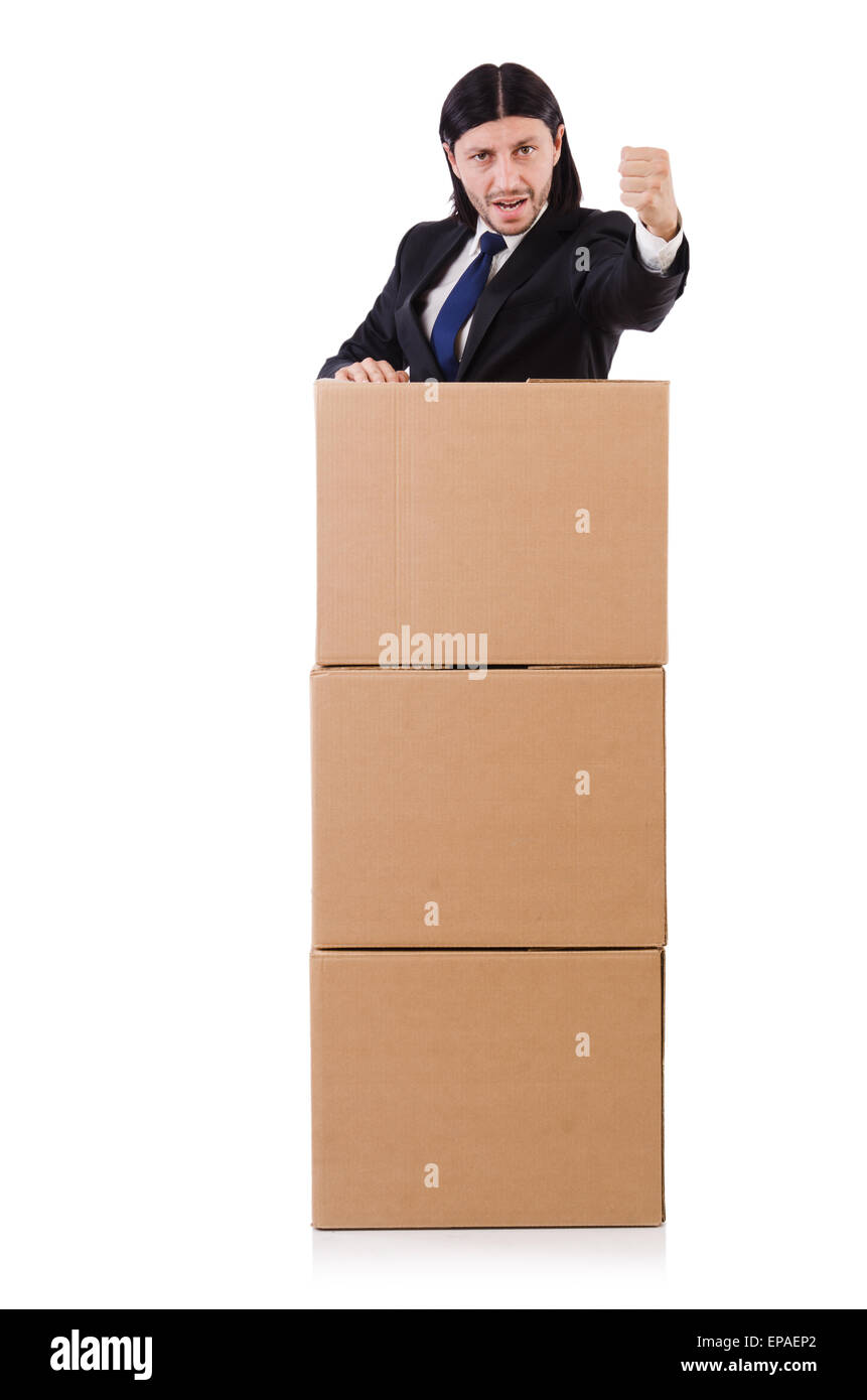 Funny man with boxes on white Stock Photo - Alamy