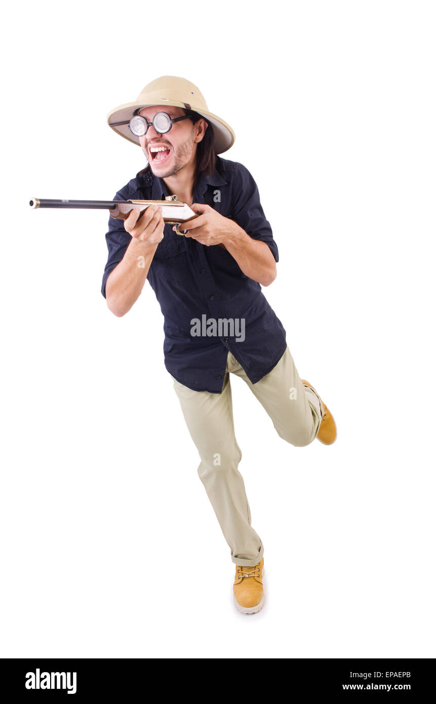 Funny hunter wearing safari hat Stock Photo - Alamy