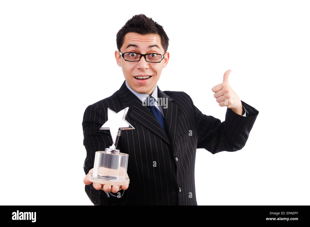 Funny guy receiving award on white Stock Photo - Alamy