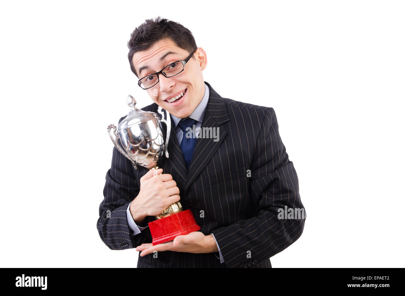 Funny guy receiving award on white Stock Photo - Alamy