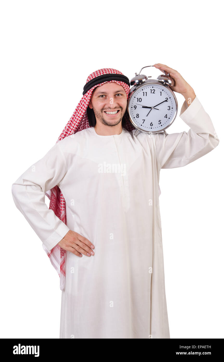 Arab man in time concept on white Stock Photo - Alamy