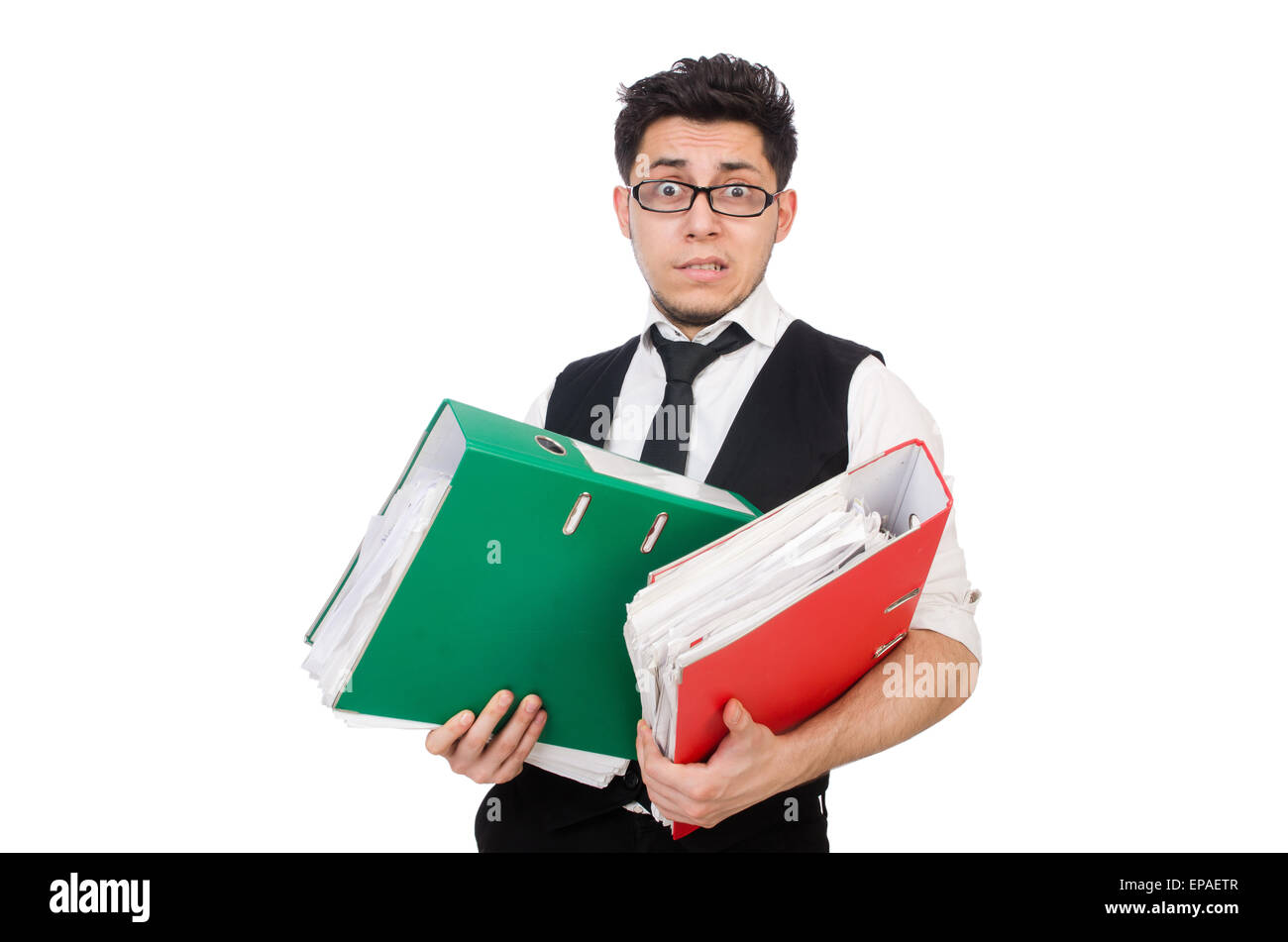 Funny man with lots of folders on white Stock Photo - Alamy
