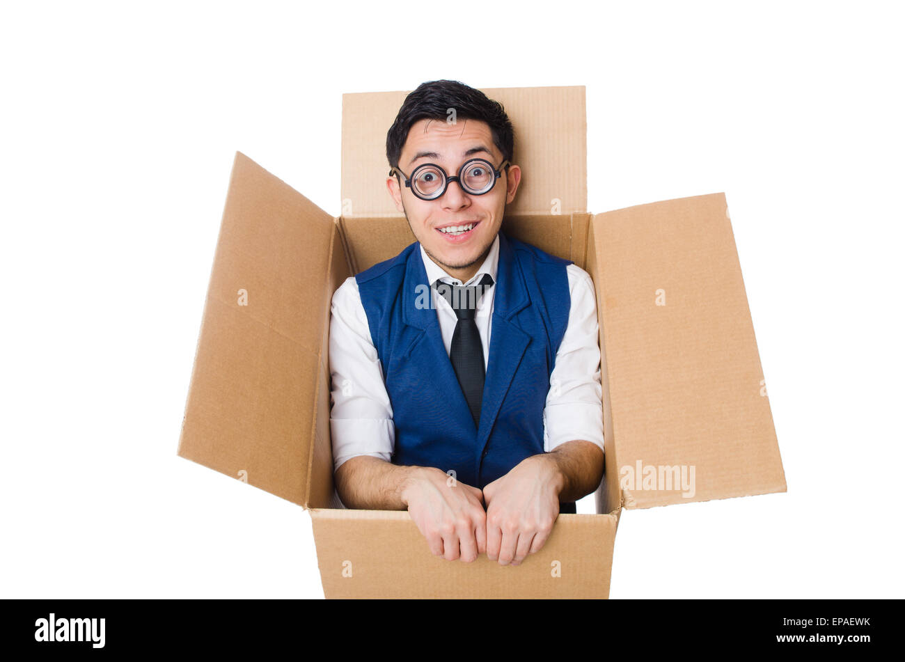 Man in thinking outside the box concept Stock Photo - Alamy