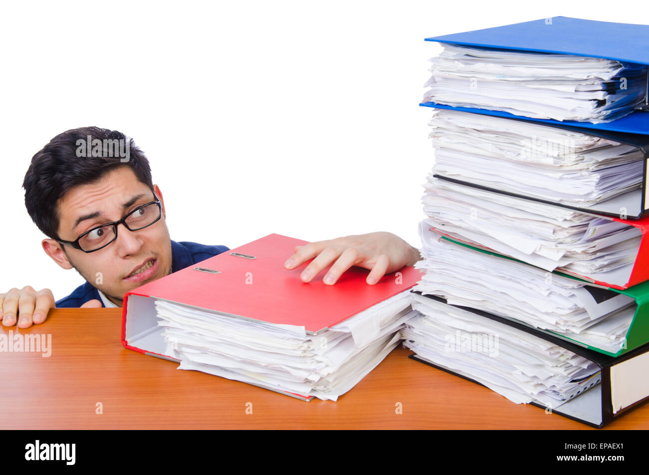 Funny man with lots of folders on white Stock Photo - Alamy