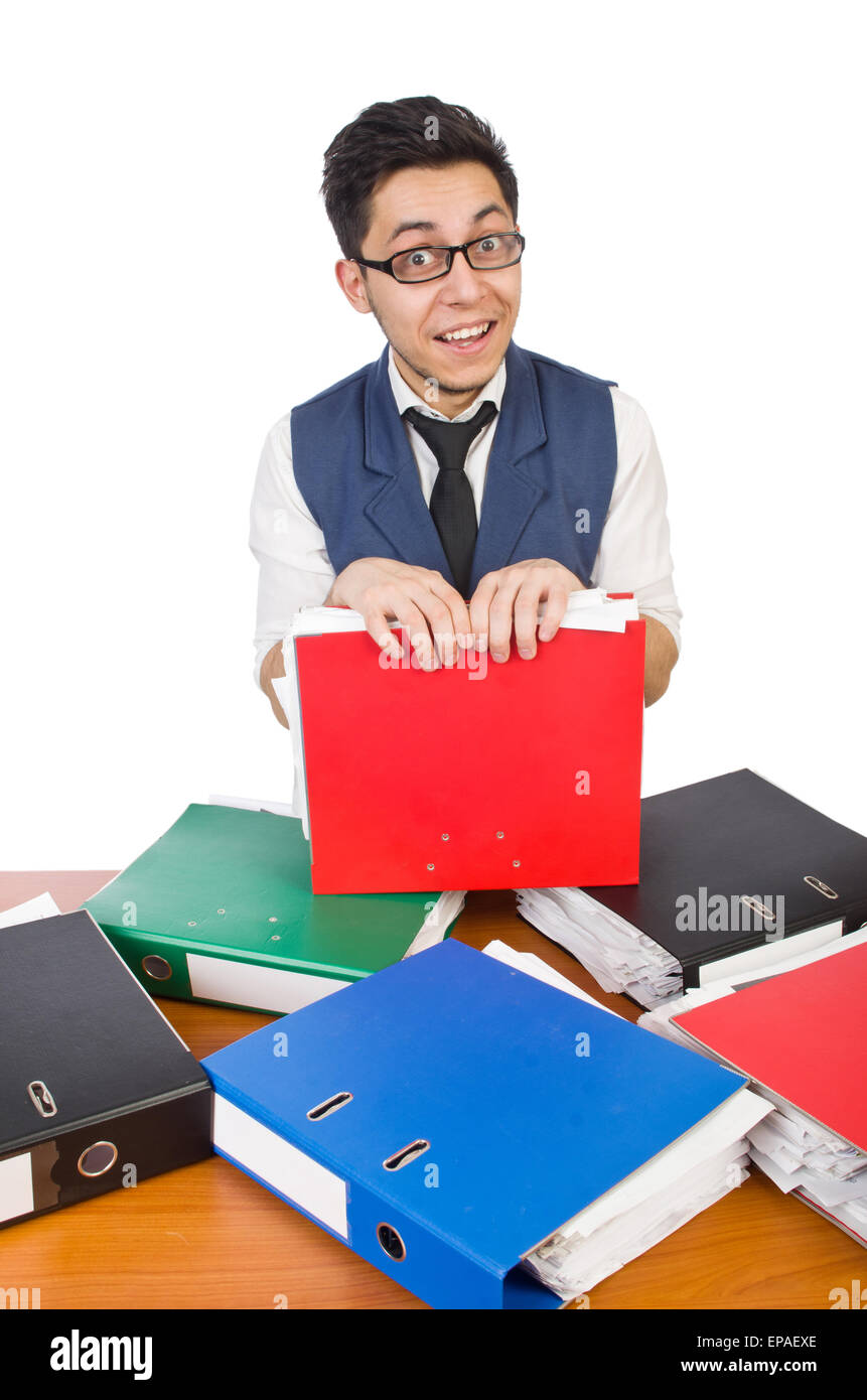 Funny man with lots of folders on white Stock Photo - Alamy