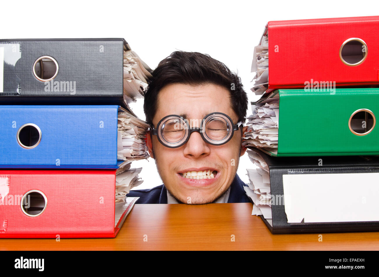 Funny man with lots of folders on white Stock Photo - Alamy