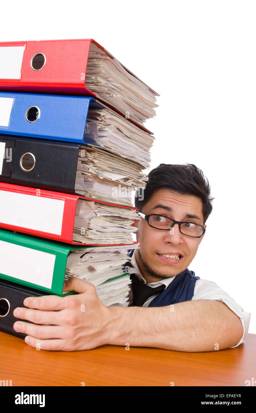 Funny man with lots of folders on white Stock Photo - Alamy