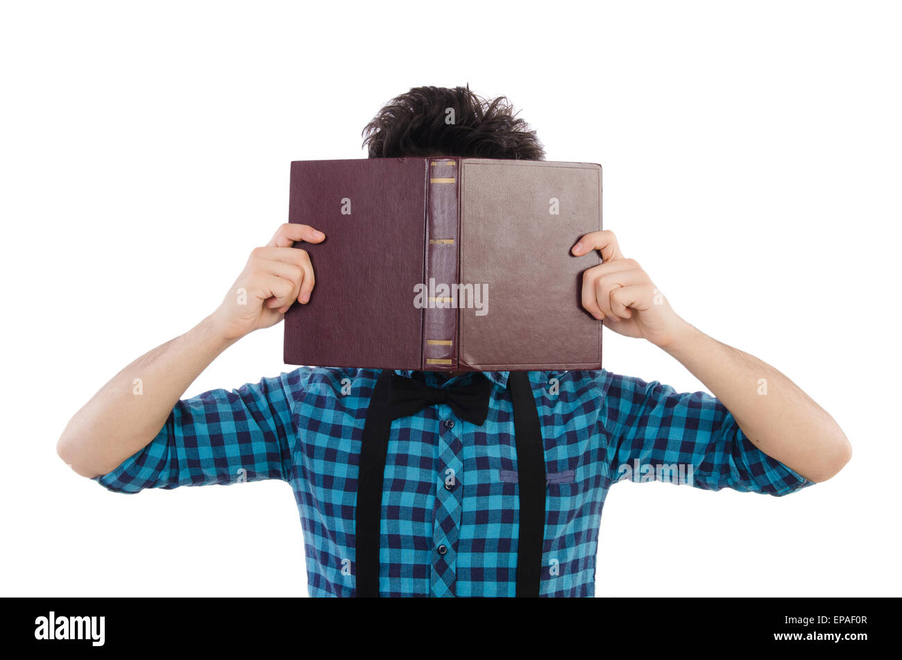 Funny student with books on white Stock Photo - Alamy