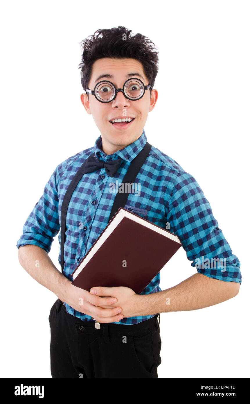 Funny student with books on white Stock Photo - Alamy