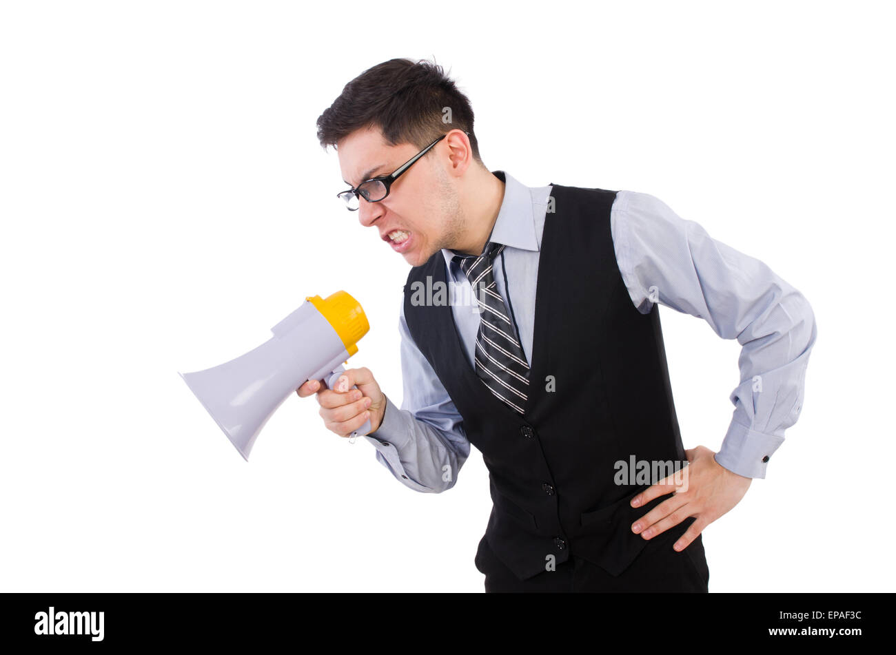 Funny man with loudspeaker on white Stock Photo - Alamy