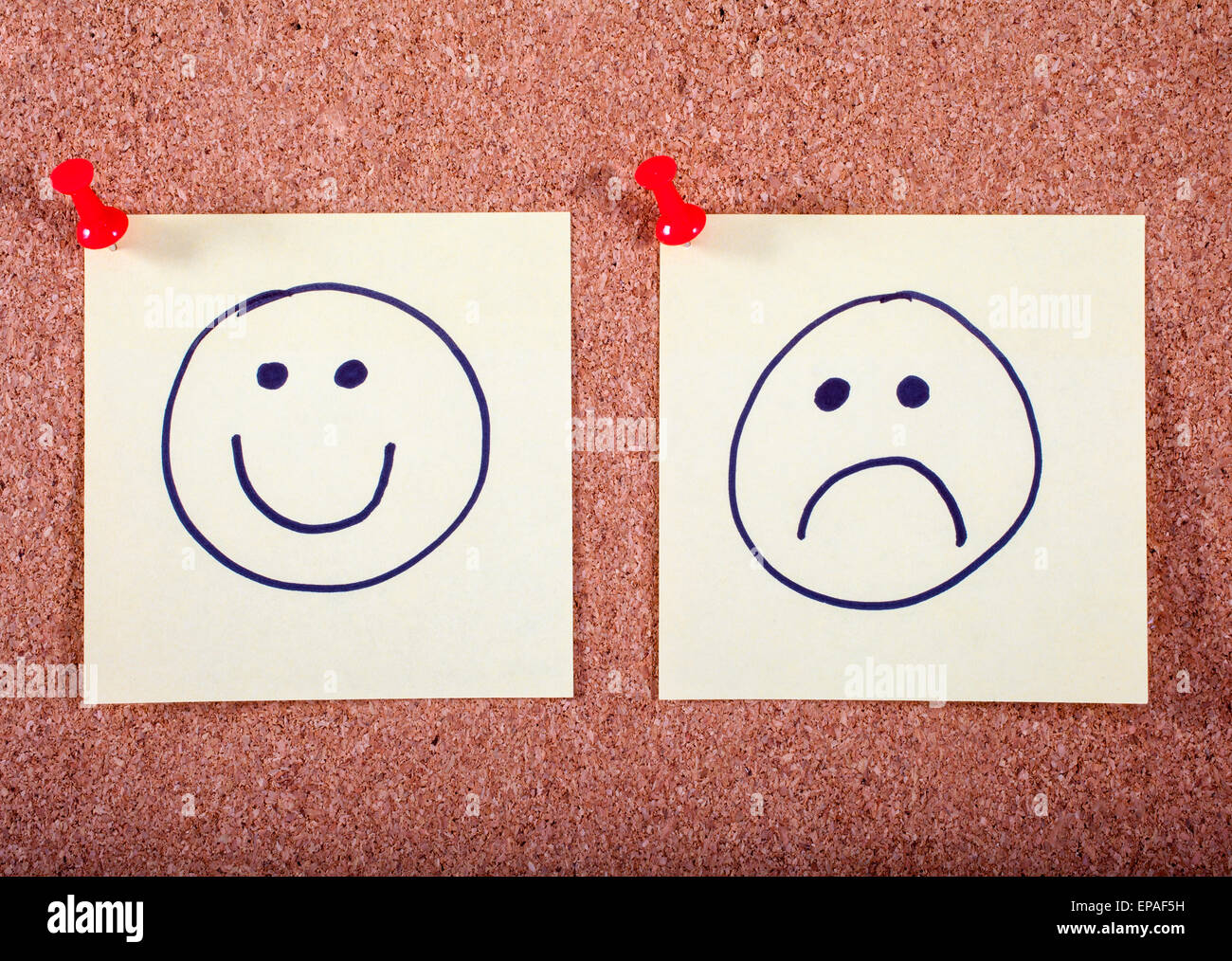 A Happy and Sad face pinned to a noticeboard Stock Photo - Alamy
