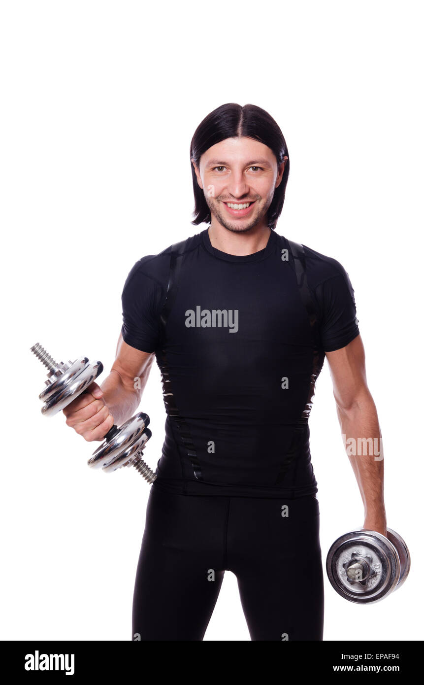 Man training with dumbbells on white Stock Photo - Alamy