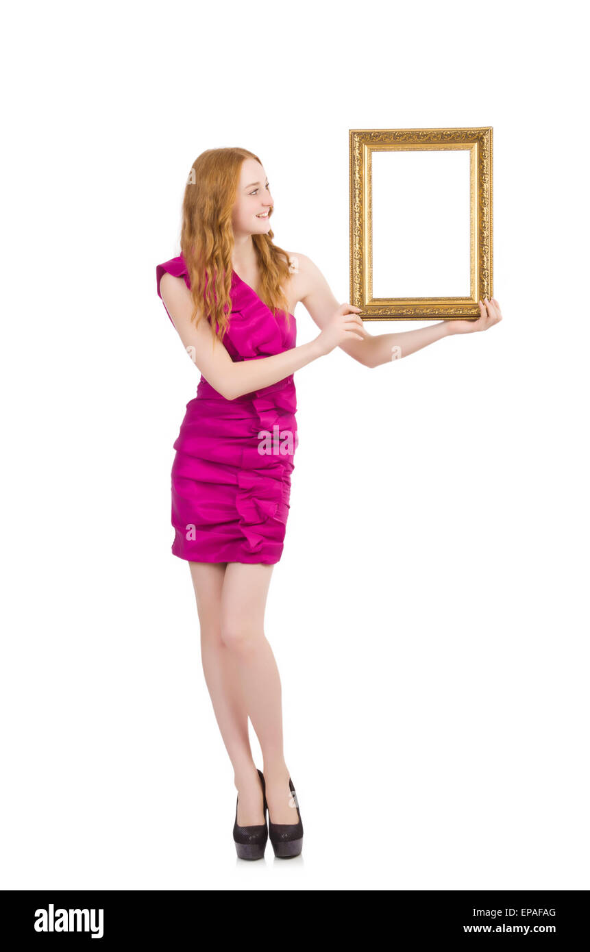 Woman with picture frame on white Stock Photo - Alamy