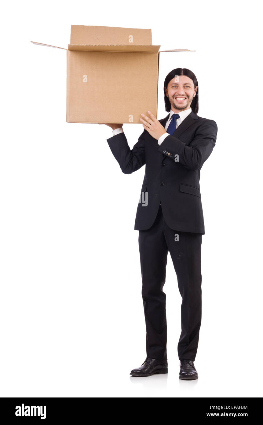 Funny man with boxes on white Stock Photo - Alamy