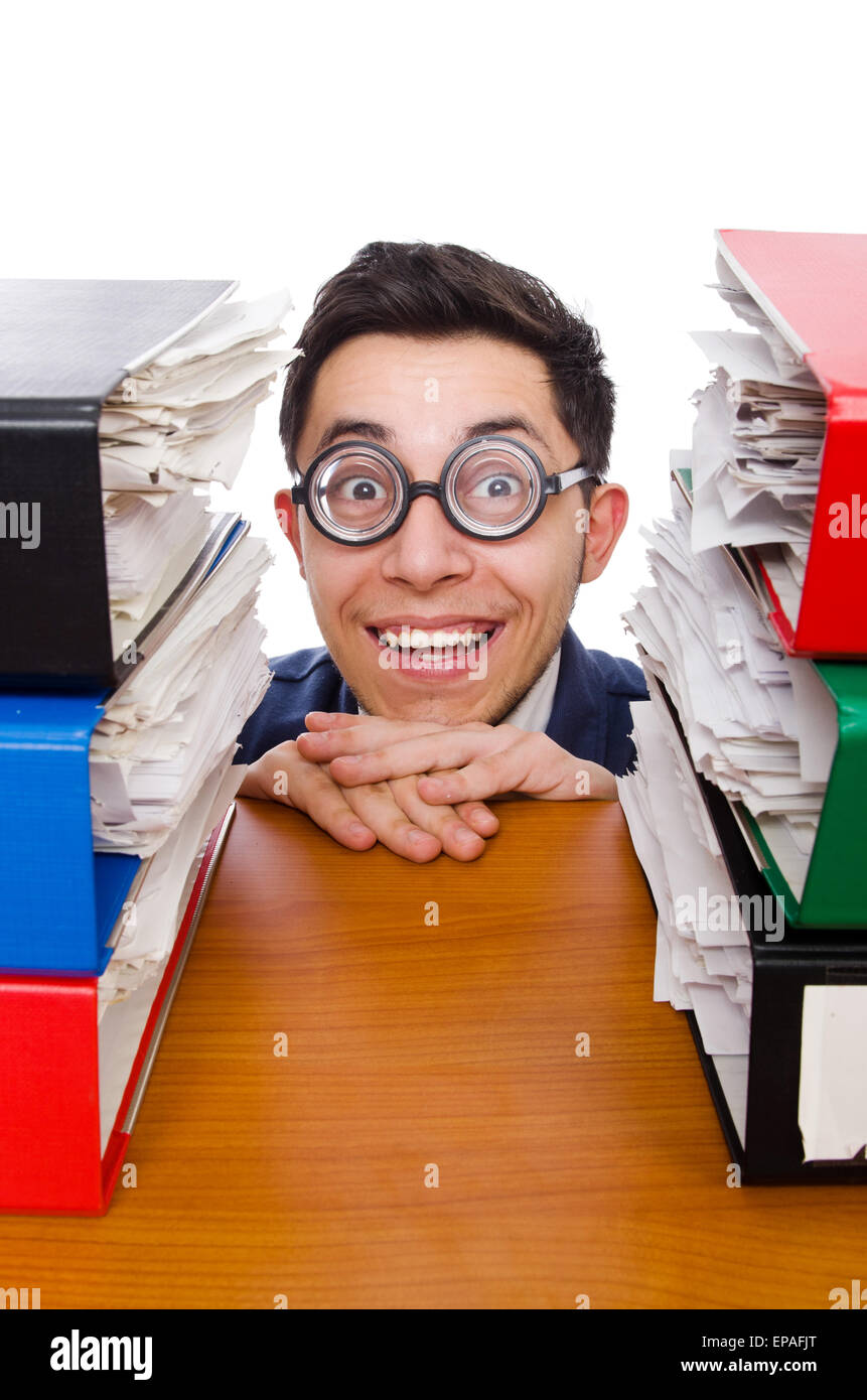 Funny man with lots of folders on white Stock Photo - Alamy