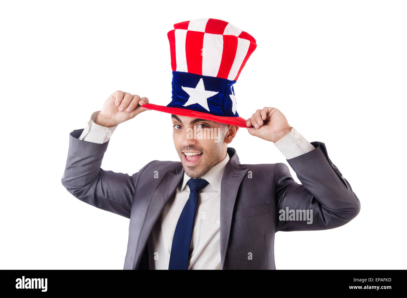 Man with american hat on white Stock Photo - Alamy