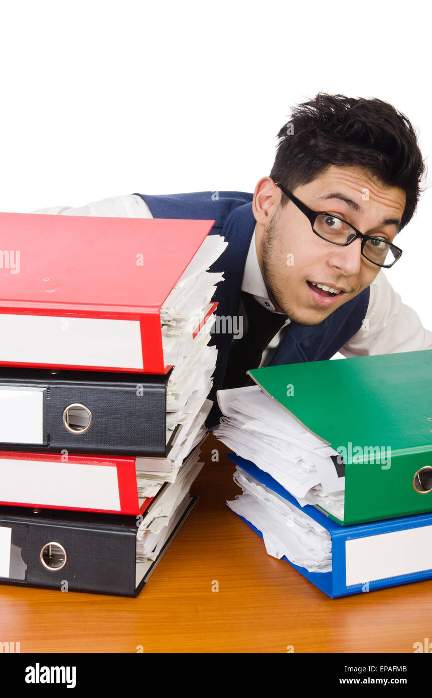 Funny man with lots of folders on white Stock Photo - Alamy