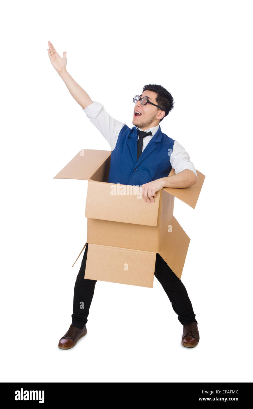 Man in thinking outside the box concept Stock Photo - Alamy
