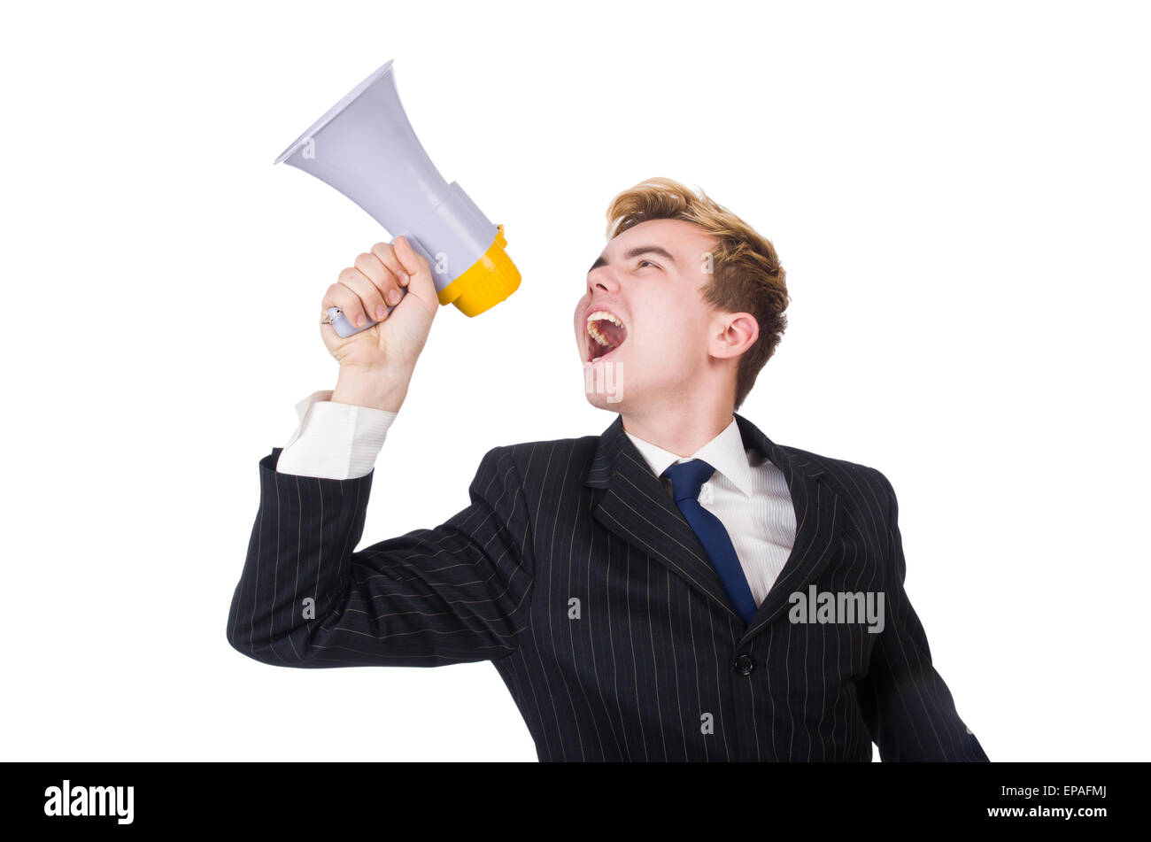 Funny man with loudspeaker on white Stock Photo - Alamy