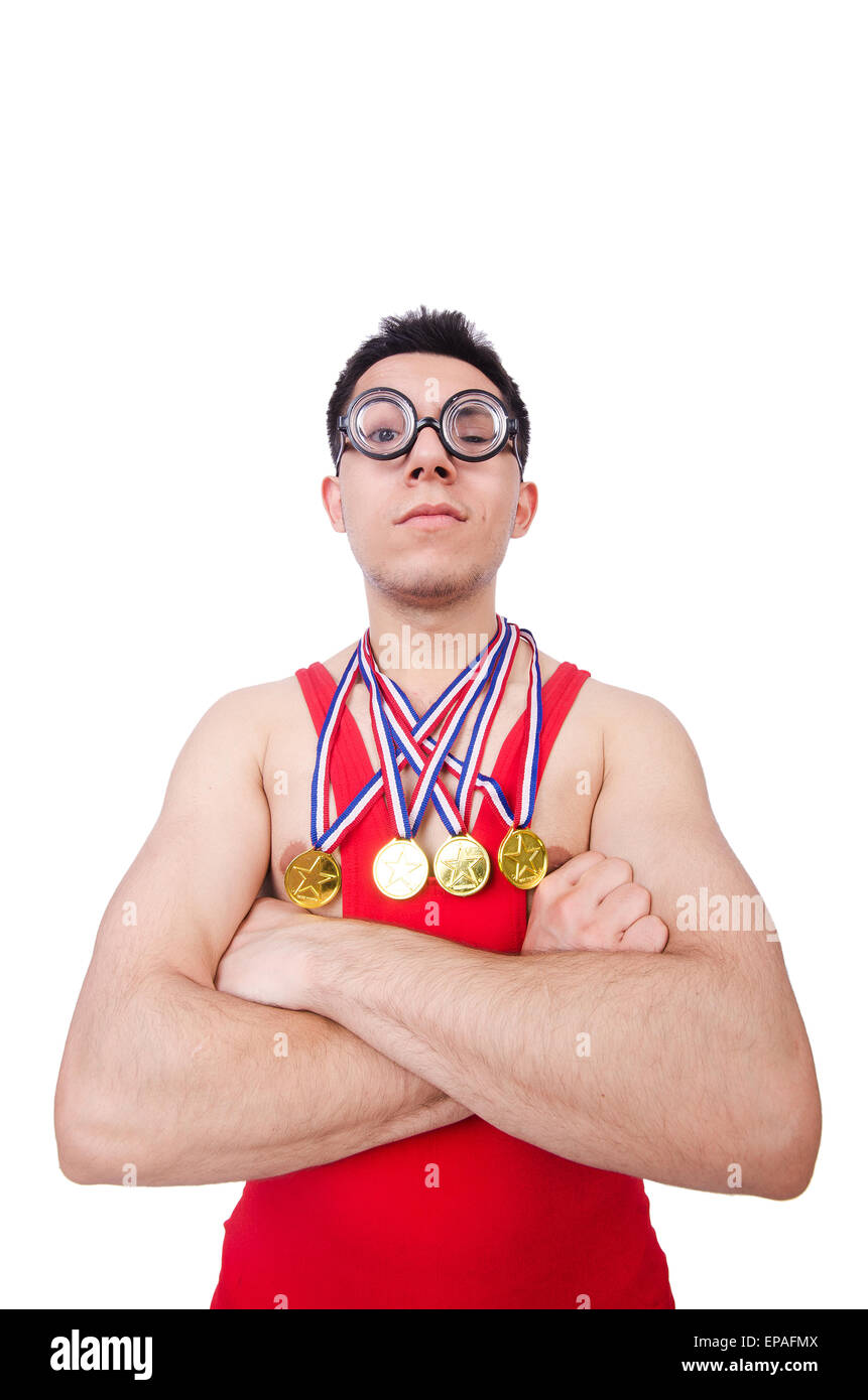 Funny wrestler with winners gold medal Stock Photo - Alamy