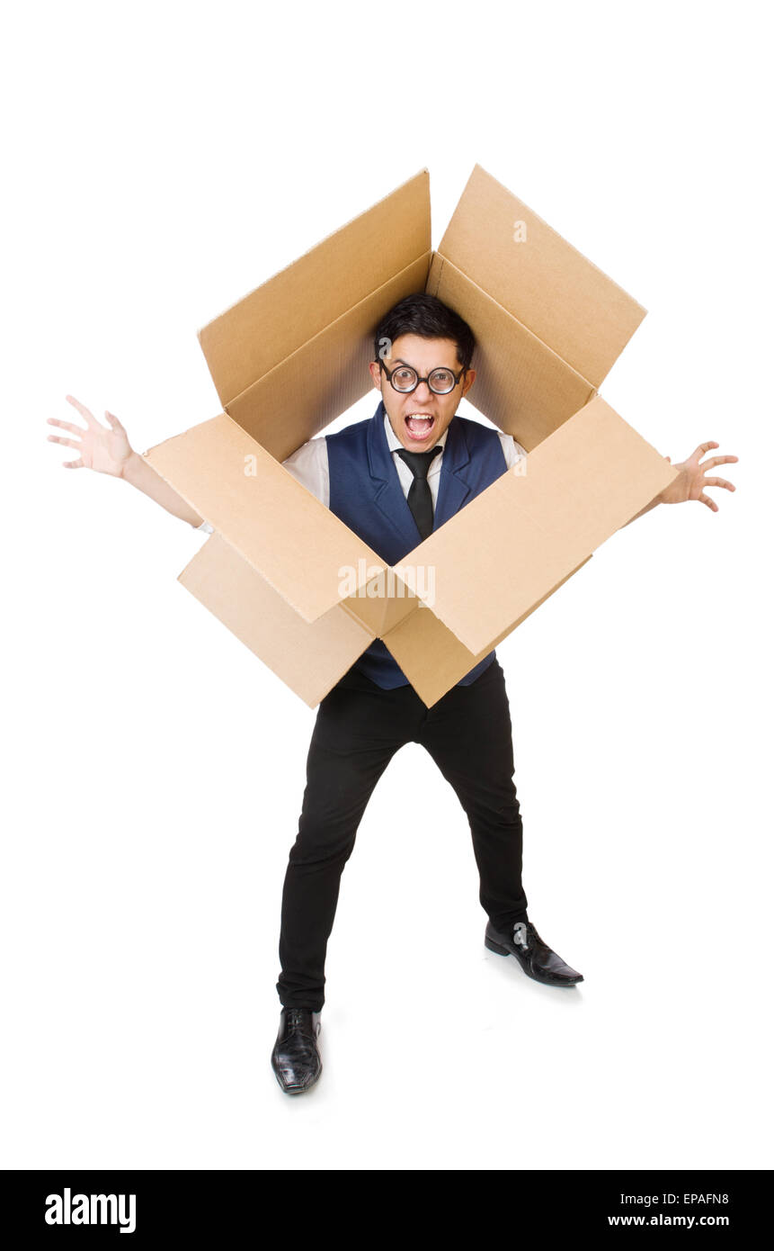 Man in thinking outside the box concept Stock Photo - Alamy