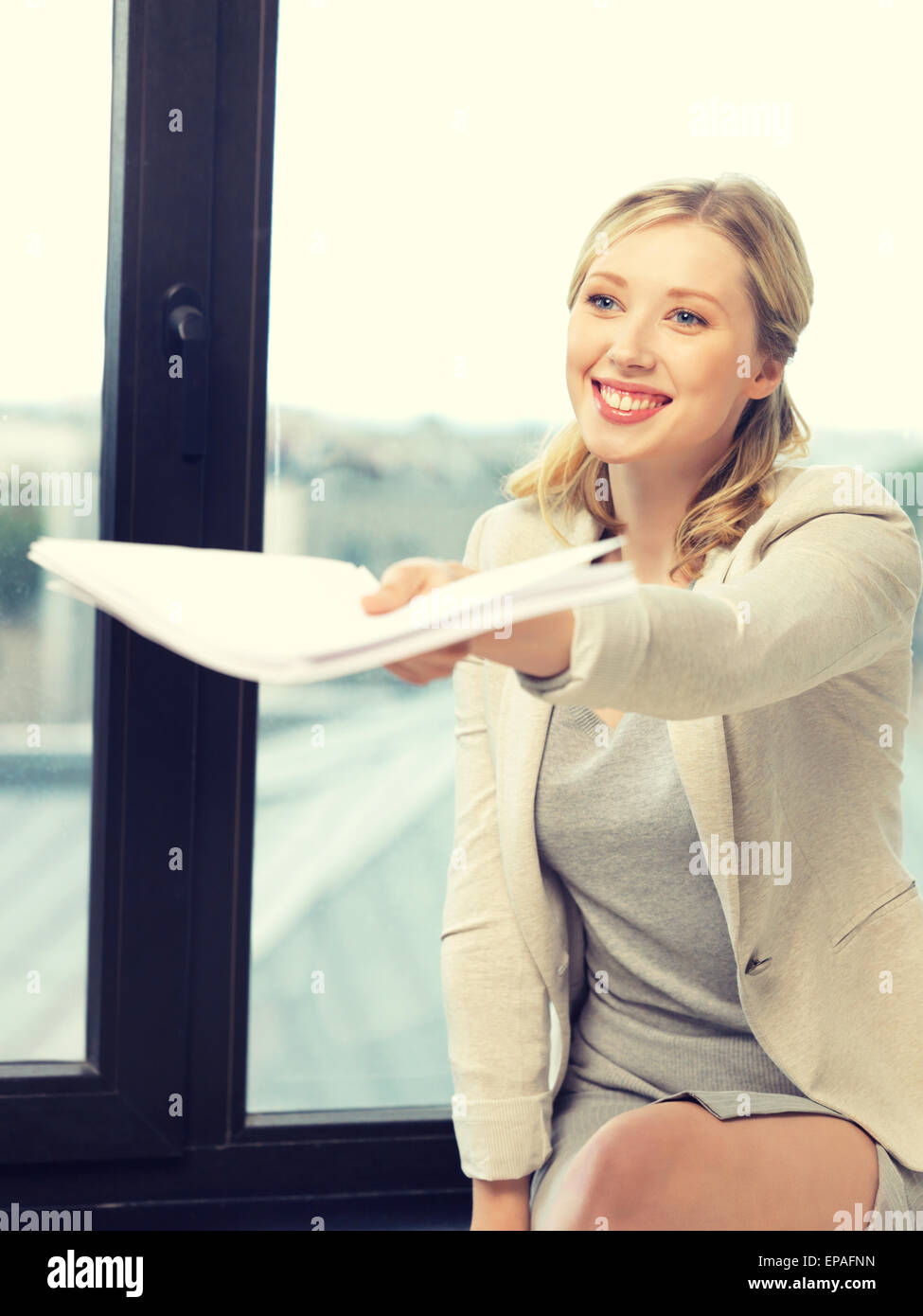 happy woman with documents Stock Photo - Alamy