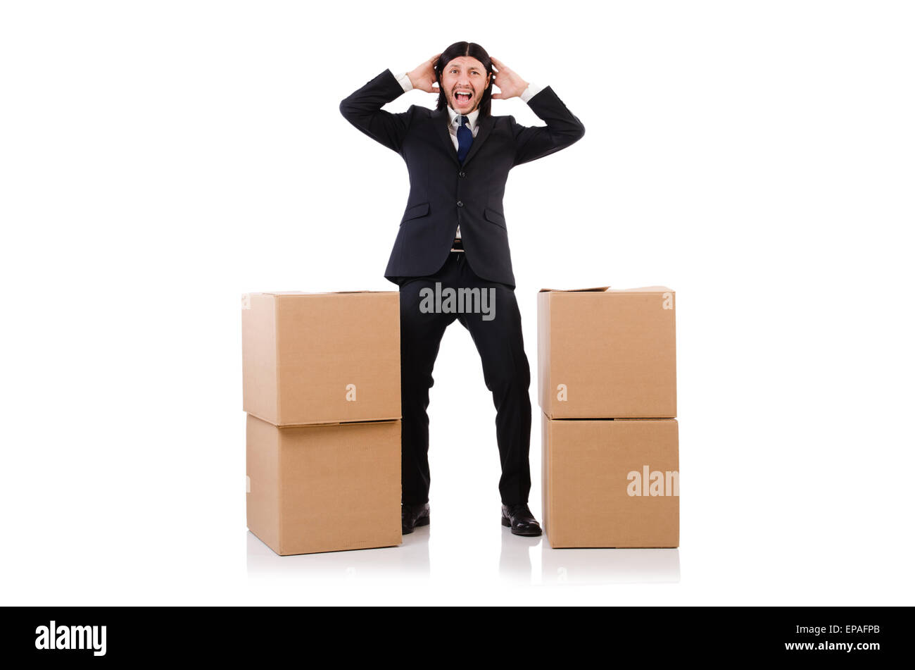 Funny man with boxes on white Stock Photo - Alamy