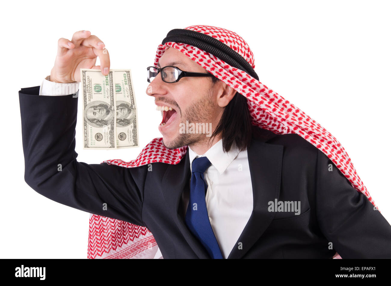 Arab businessman in specs with money isolated on white Stock Photo - Alamy
