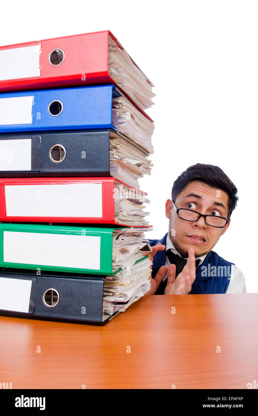 Funny man with lots of folders on white Stock Photo - Alamy