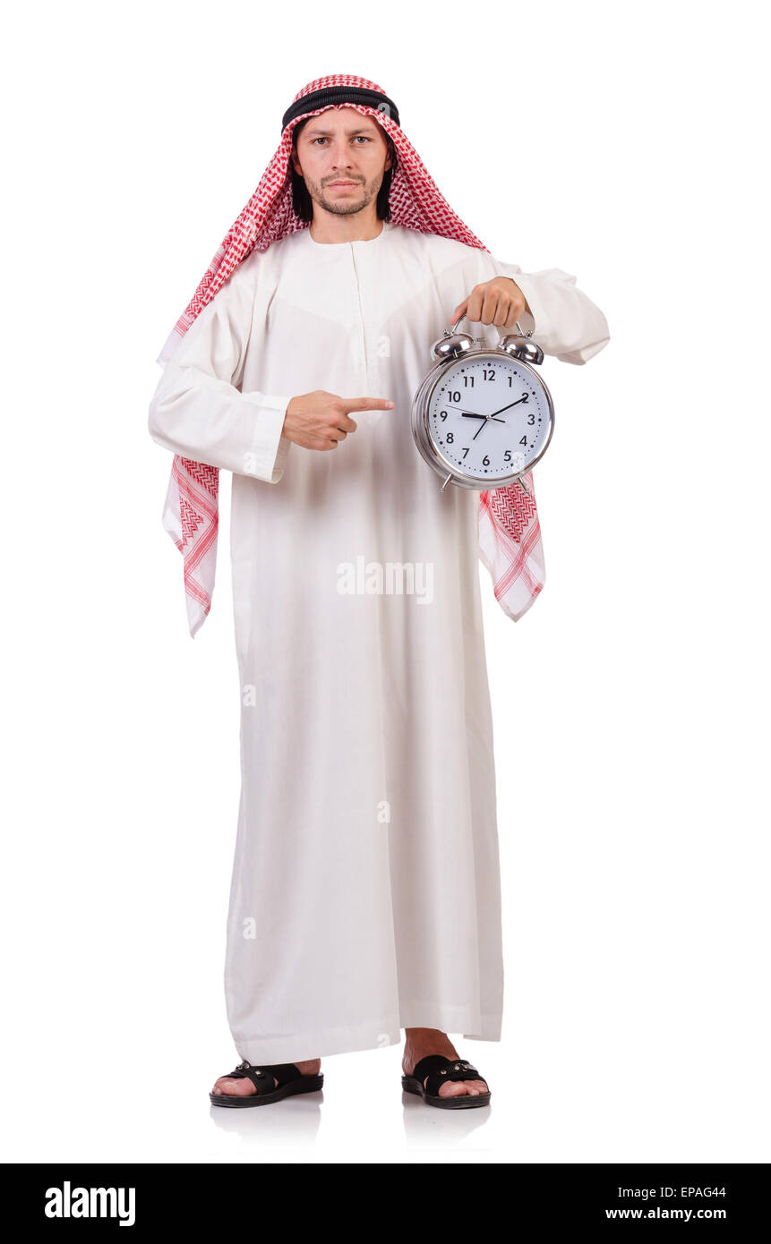 Arab man in time concept on white Stock Photo - Alamy