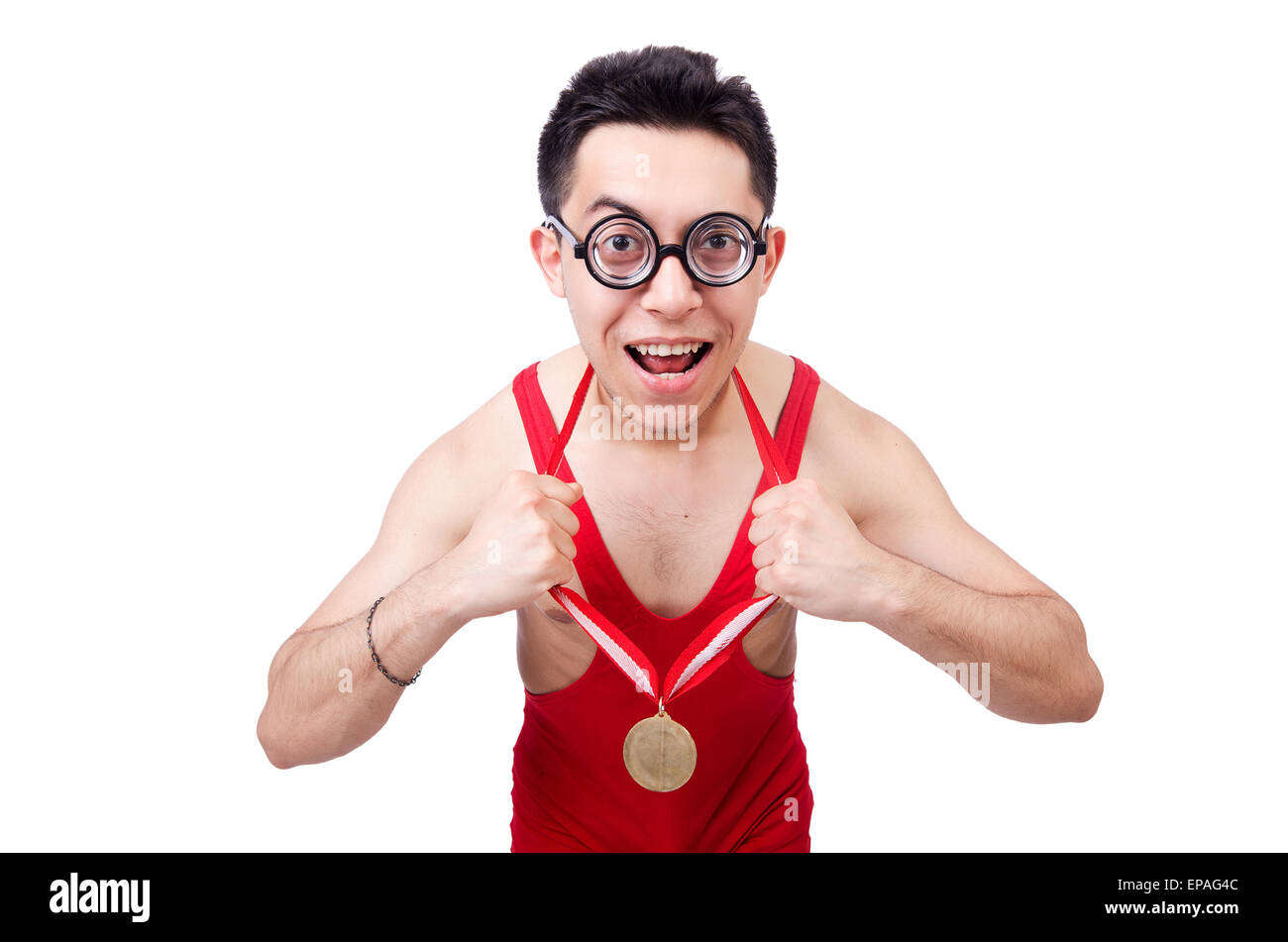 Funny wrestler with winners gold medal Stock Photo - Alamy