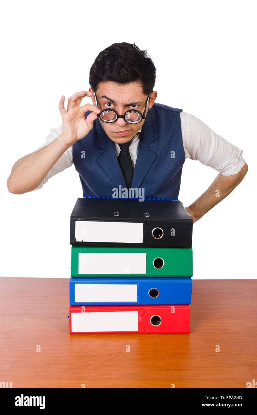 Funny man with lots of folders on white Stock Photo - Alamy