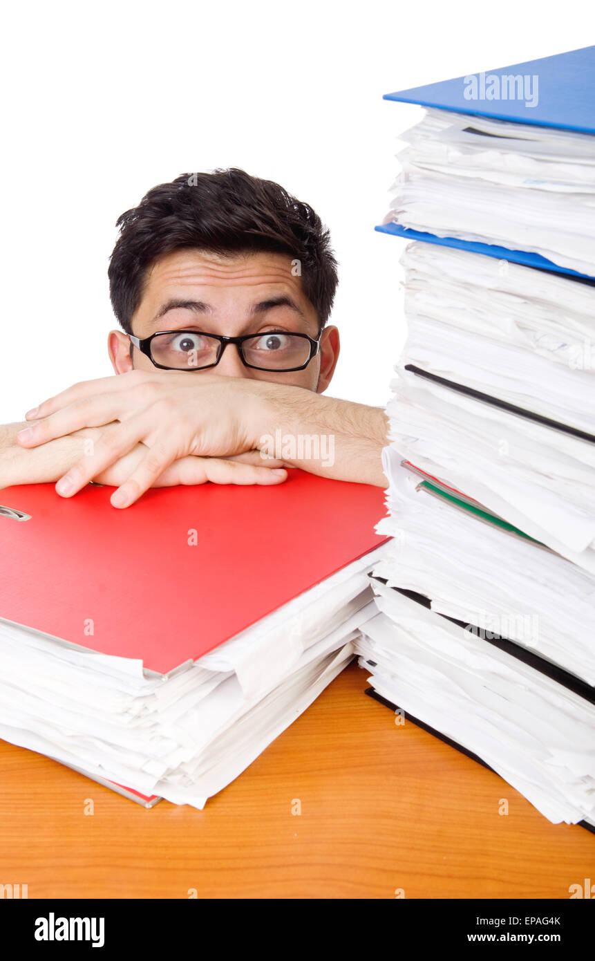 Funny man with lots of folders on white Stock Photo - Alamy
