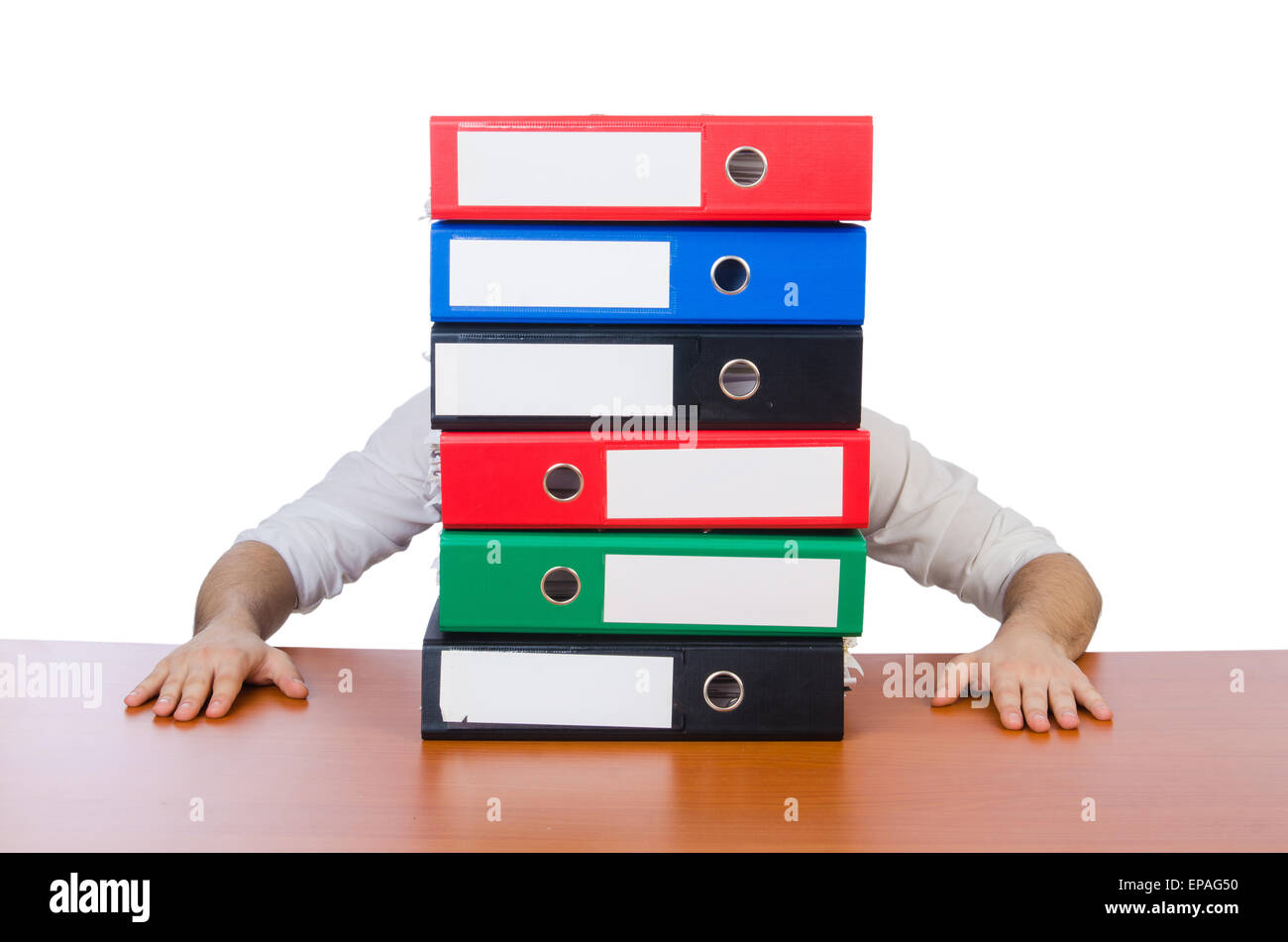 Funny man with lots of folders on white Stock Photo - Alamy