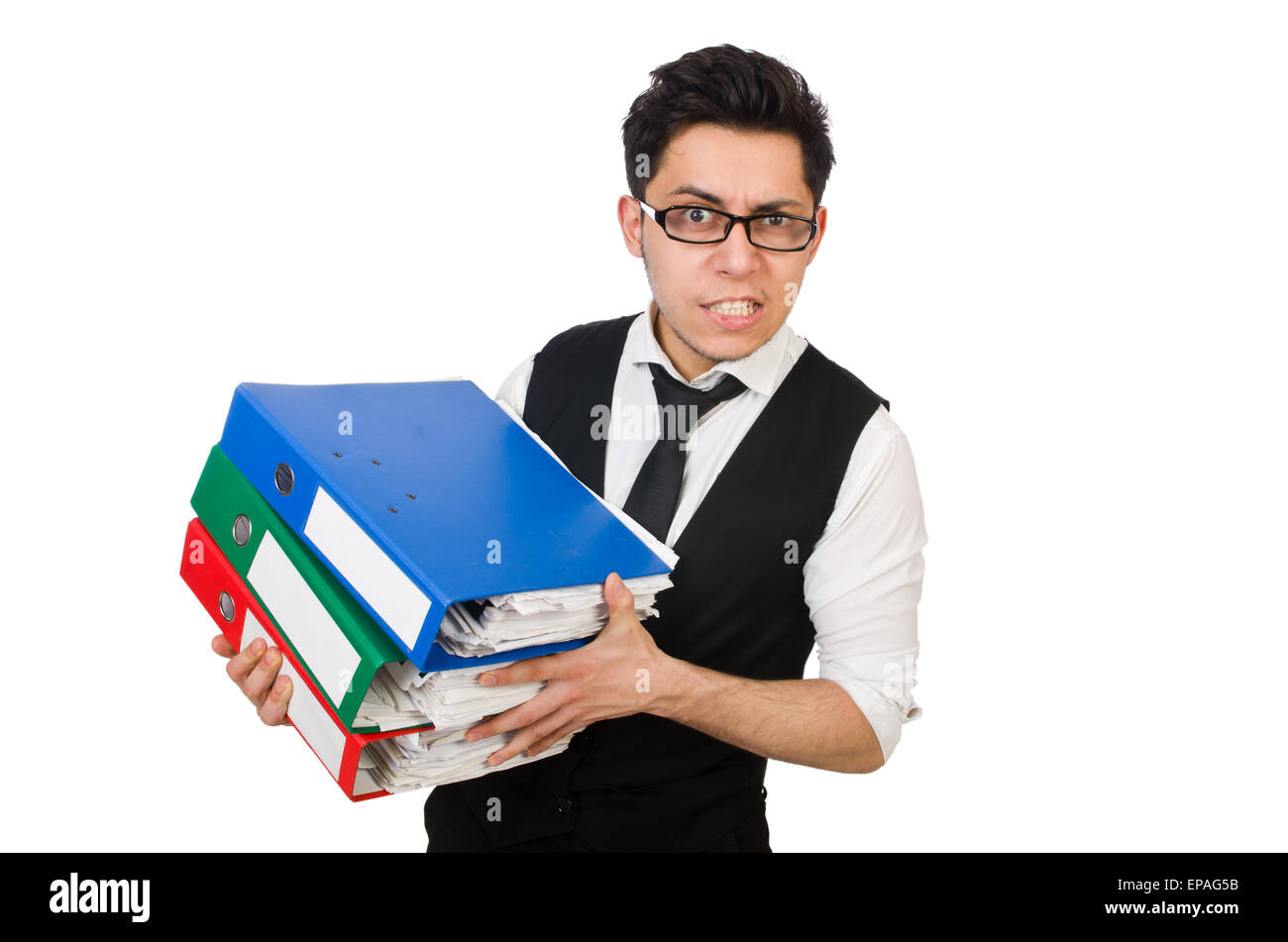 Funny man with lots of folders on white Stock Photo - Alamy