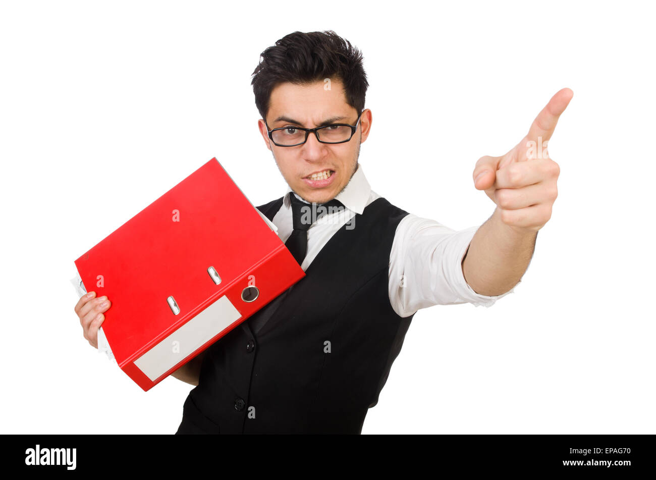 Funny man with lots of folders on white Stock Photo - Alamy