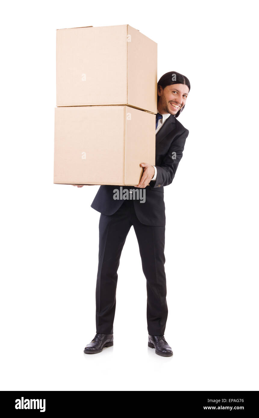Funny man with boxes on white Stock Photo - Alamy