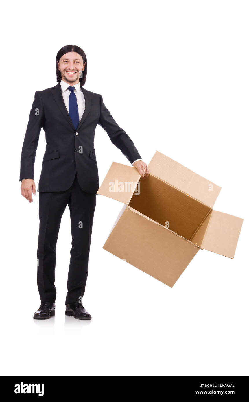 Funny man with boxes on white Stock Photo - Alamy