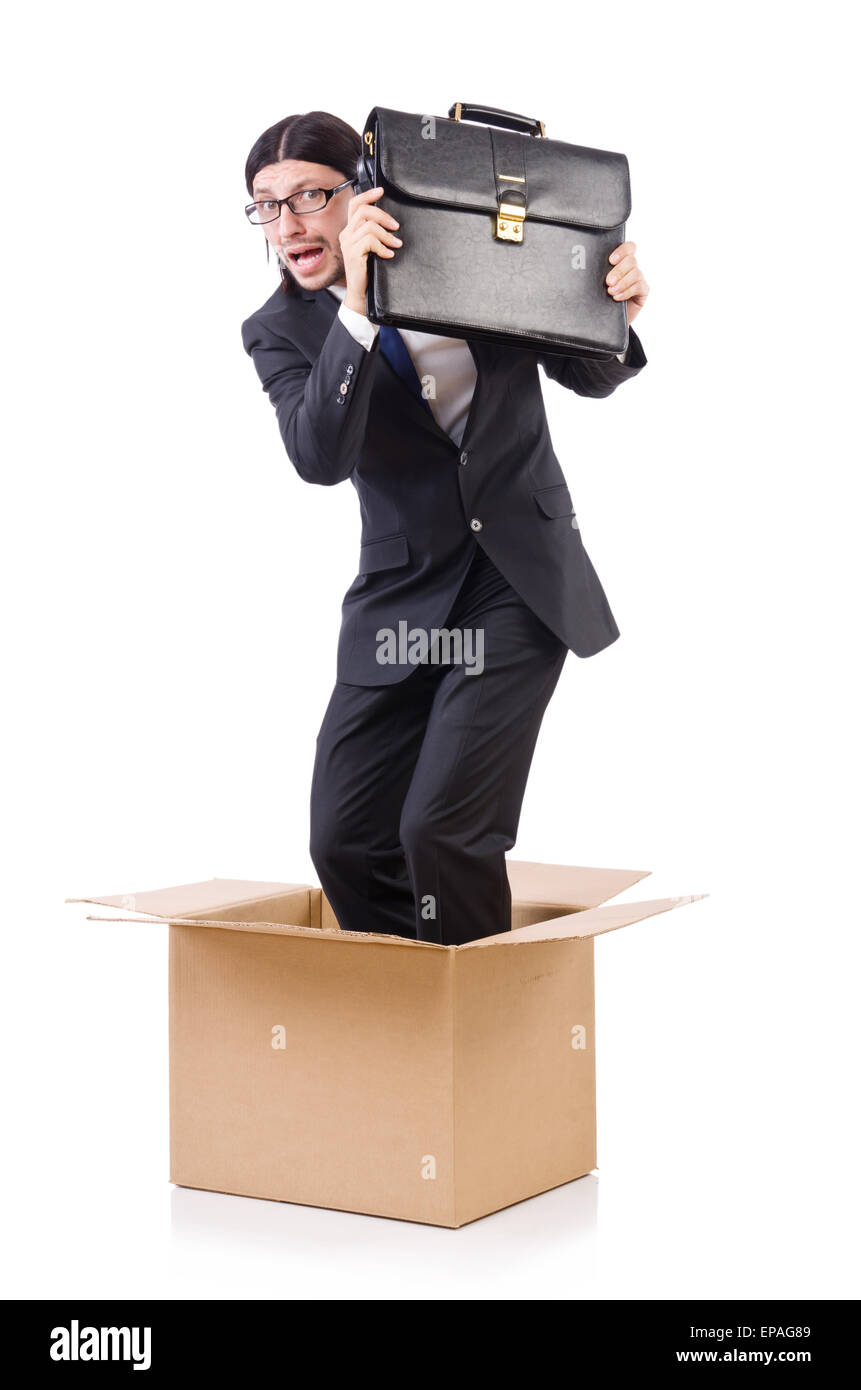 Man in thinking out of the box concept Stock Photo - Alamy