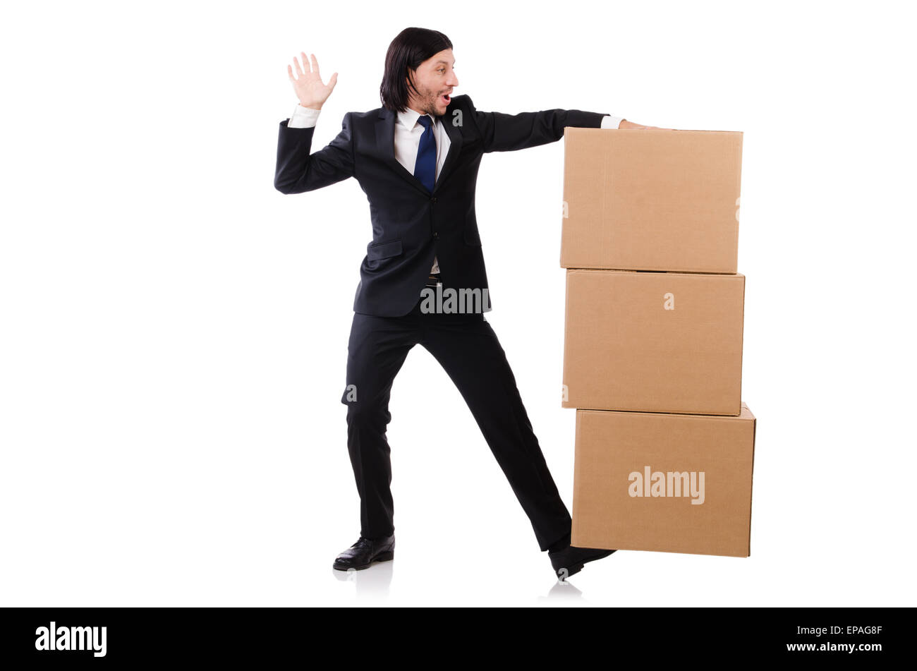 Funny man with boxes on white Stock Photo - Alamy