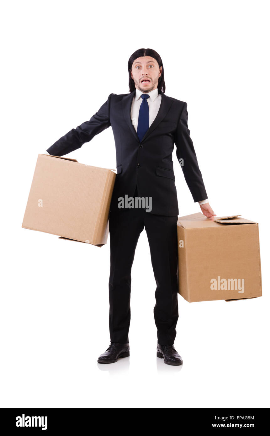 Funny man with boxes on white Stock Photo - Alamy
