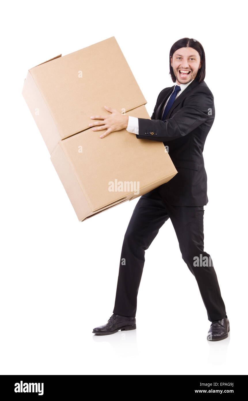 Funny man with boxes on white Stock Photo - Alamy