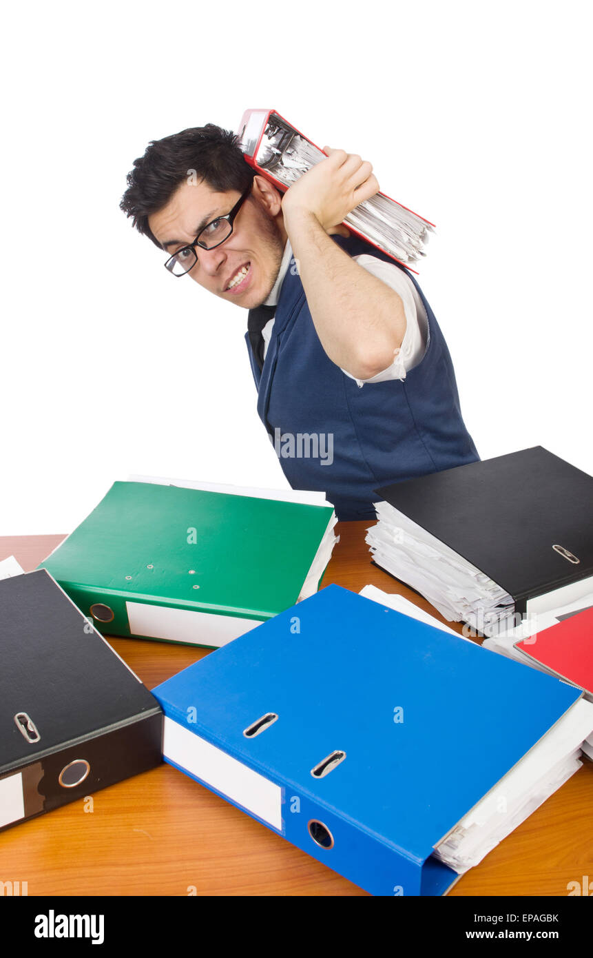 Funny man with lots of folders on white Stock Photo - Alamy