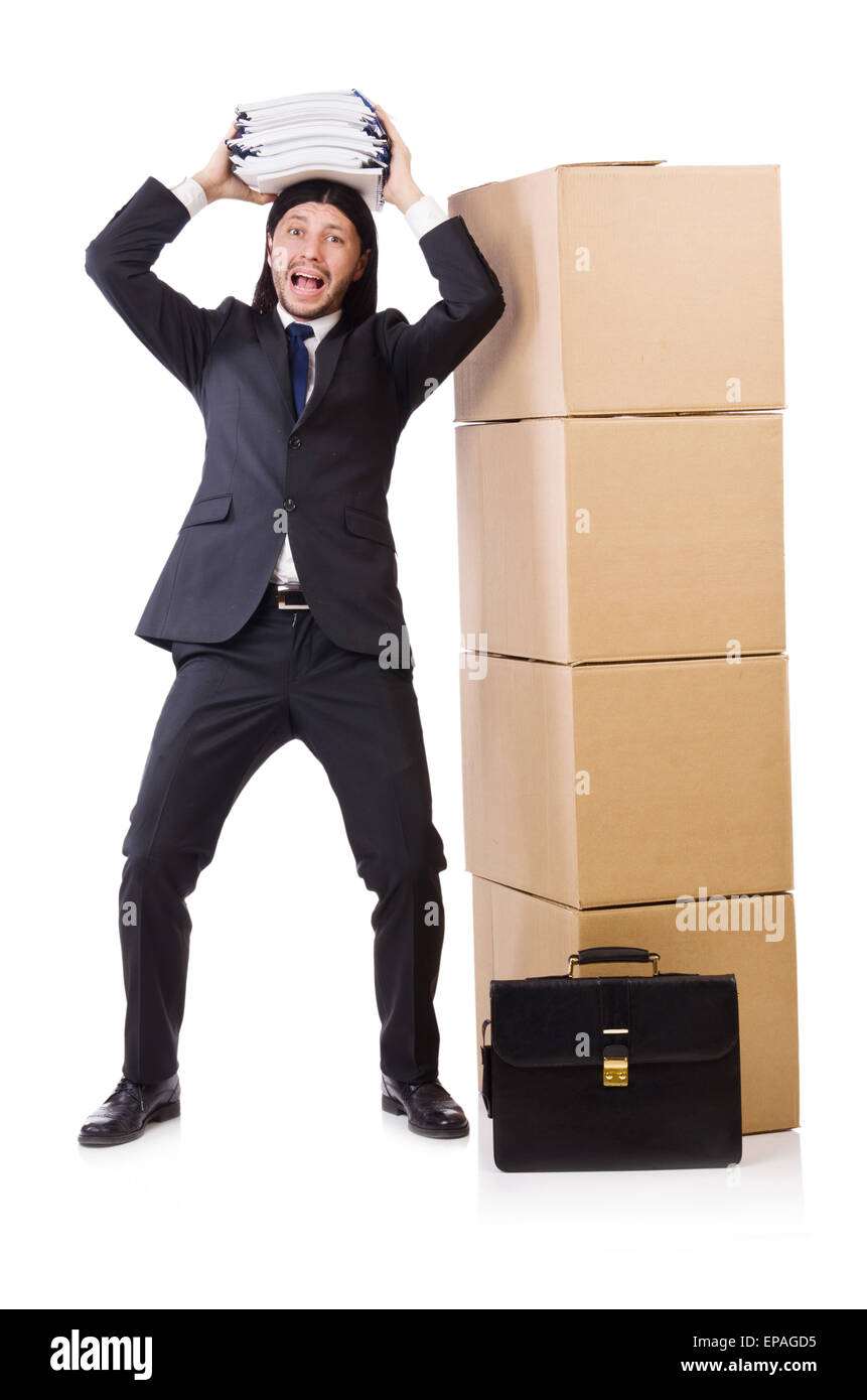 Man with boxes full of work Stock Photo - Alamy