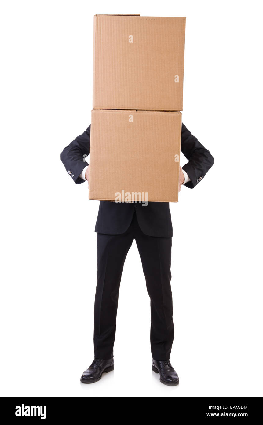 Funny man with boxes on white Stock Photo - Alamy