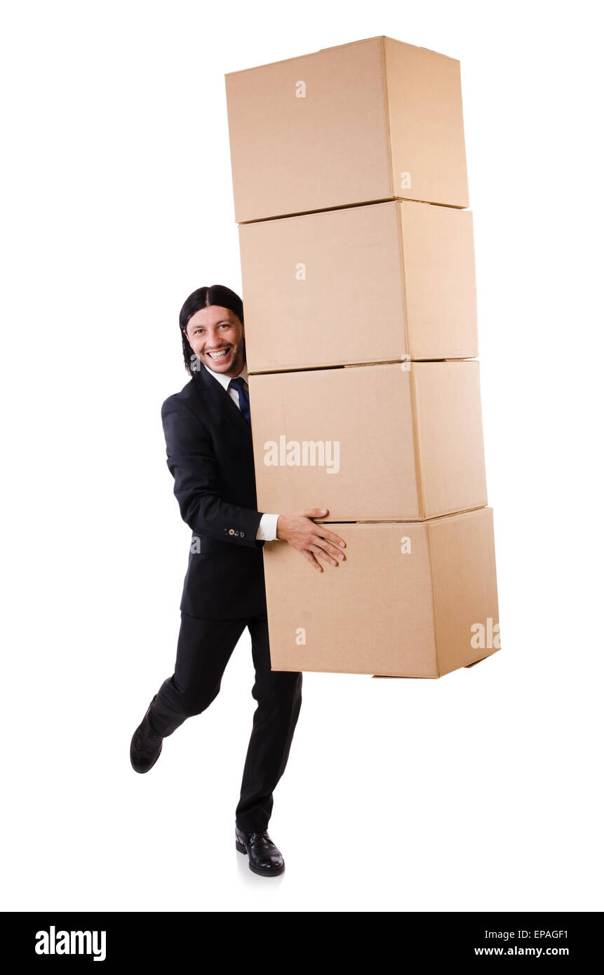 Funny man with boxes on white Stock Photo - Alamy