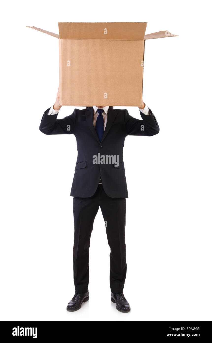 Funny man with boxes on white Stock Photo - Alamy