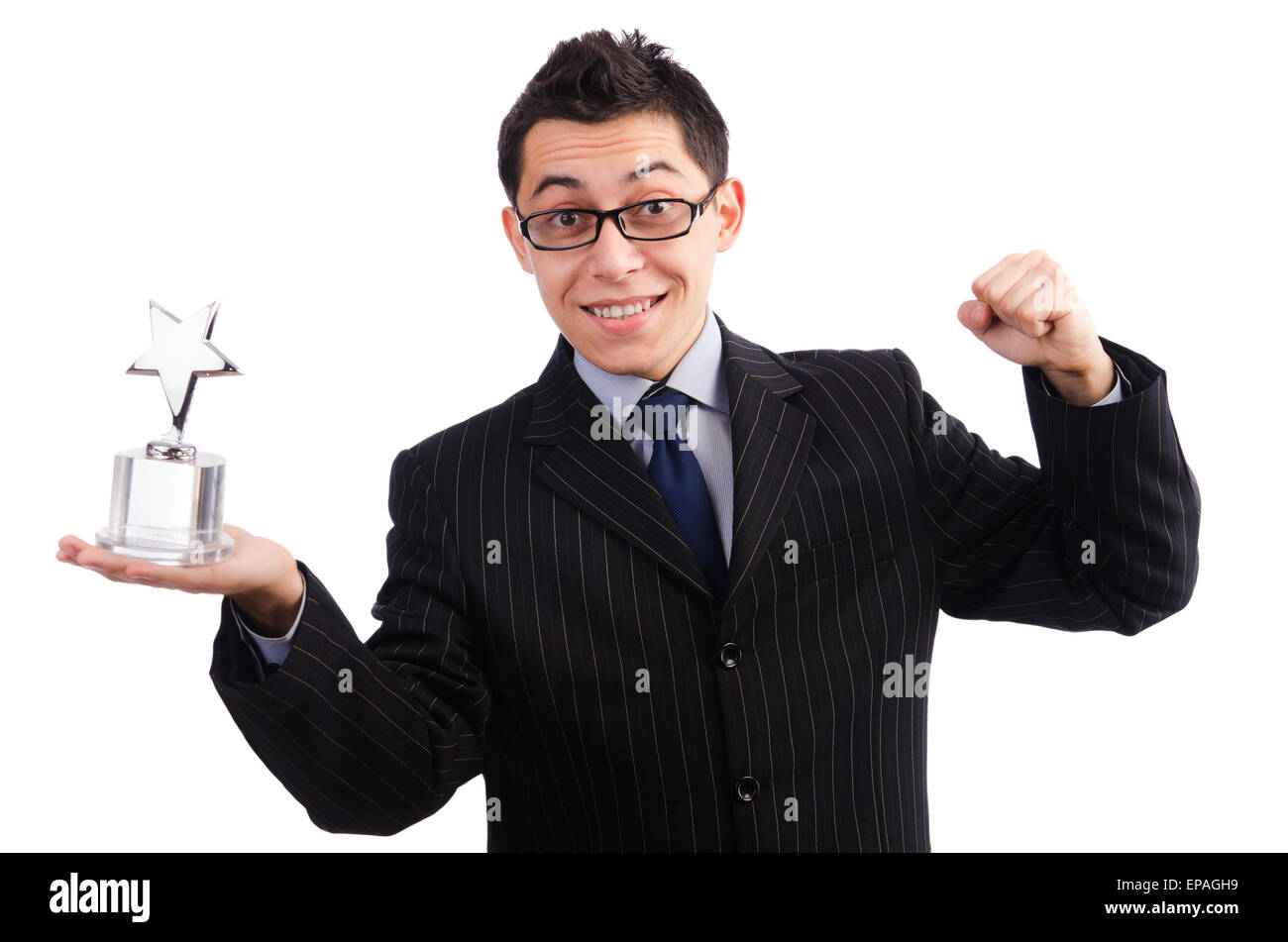 Funny guy receiving award on white Stock Photo - Alamy
